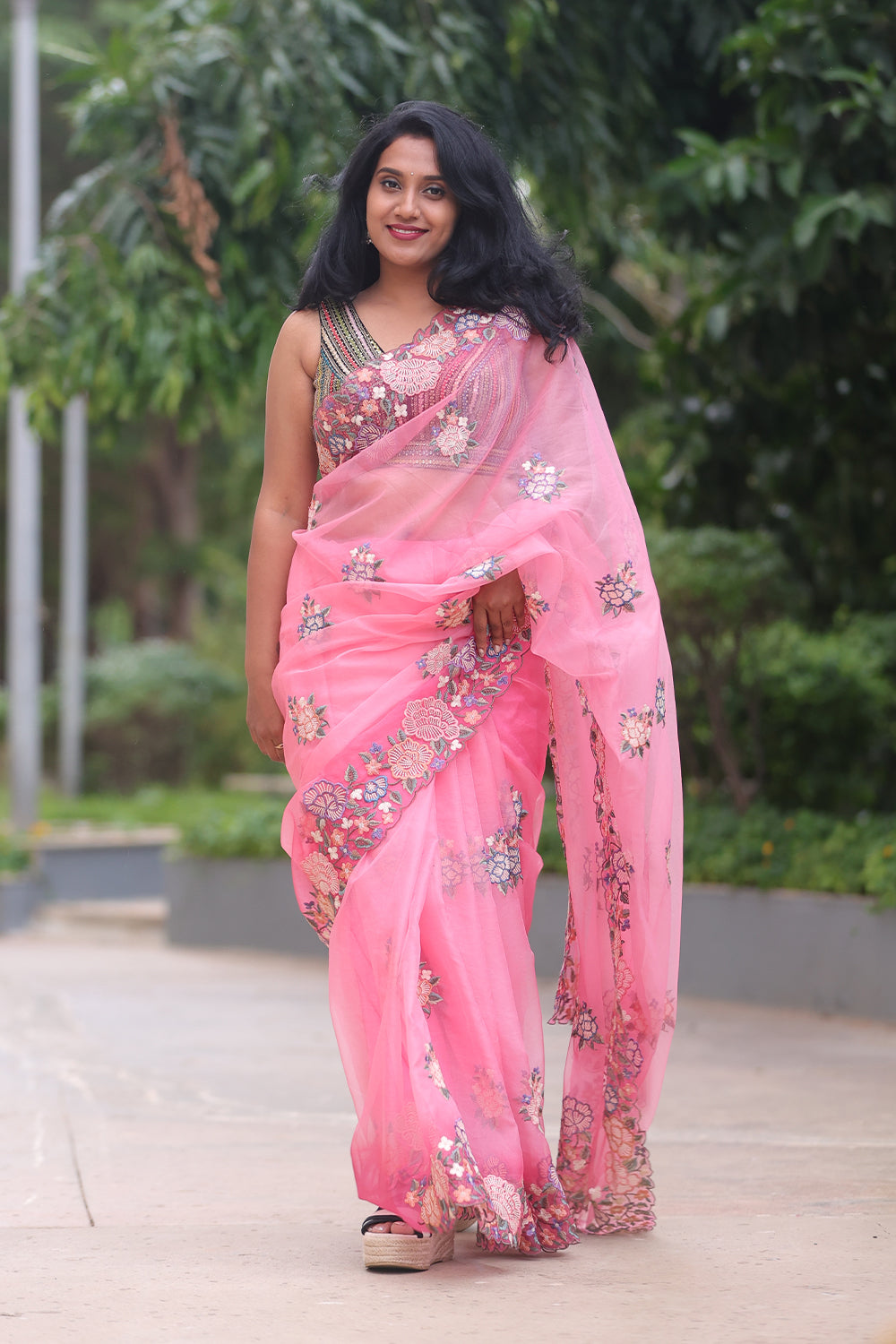 Pink Organza Saree with Floral Embroidery and Scallop Borders – Loomera